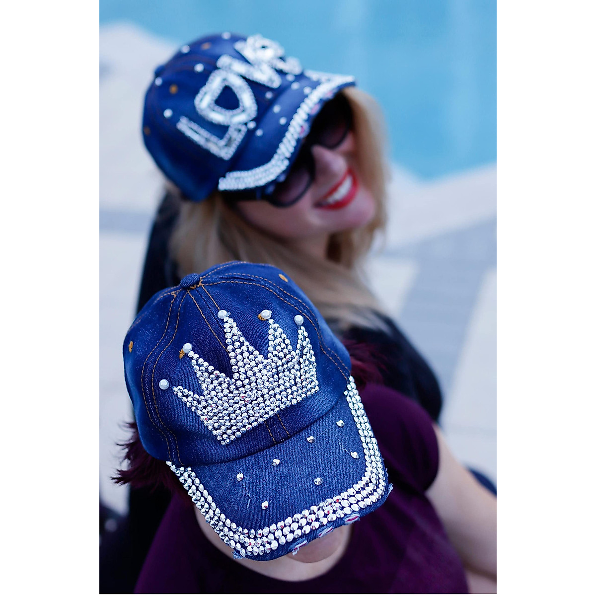 Popfizzy Bling Crown Baseball Cap for Women Rhinestone Hat, Bedazzled Baseball Caps, Distressed Hat, Fancy Bejeweled Hats, Sparkle Studded Denim Ball Caps (Crown)