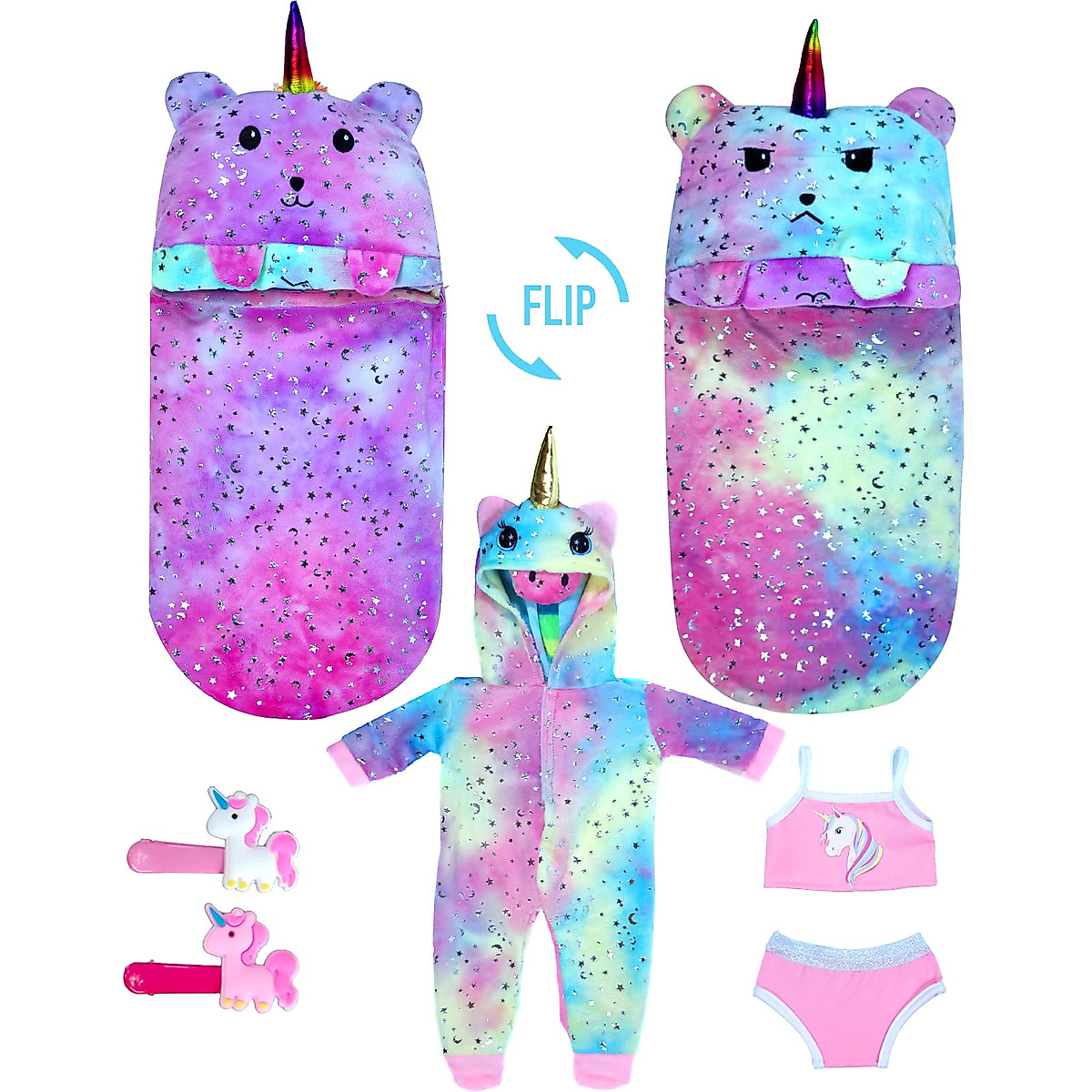 WONDOLL 18-inch-Doll-Clothes and Unicorn Reversible-Doll-Sleeping-Bag Set with Headband Compatible with All 18-inch Dolls Accessories for Kids