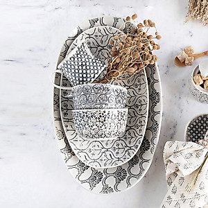 Creative Co-Op Hand-Stamped Stoneware Serving Bowl with Embossed Pattern, Black & Cream Color