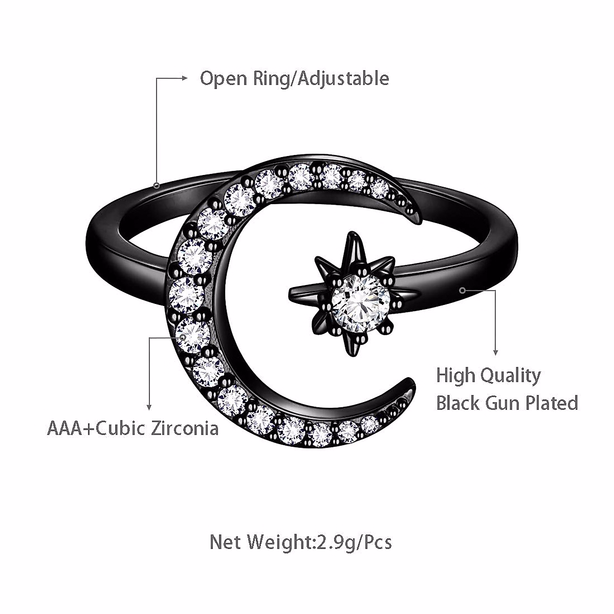 beautlace Star and Moon Adjustable Rings Black Gun Plated Crescent Moon Stars Open Ring Jewelry for Women KR0032K