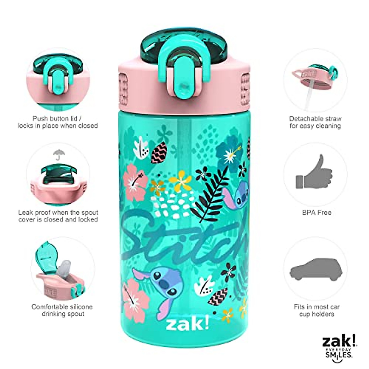 Zak Designs Kids Durable Plastic Spout Cover and Built-in Carrying Loop, Leak-Proof Water Design for Travel, (16oz, 2pc Set), Lilo and Stitch 2pk