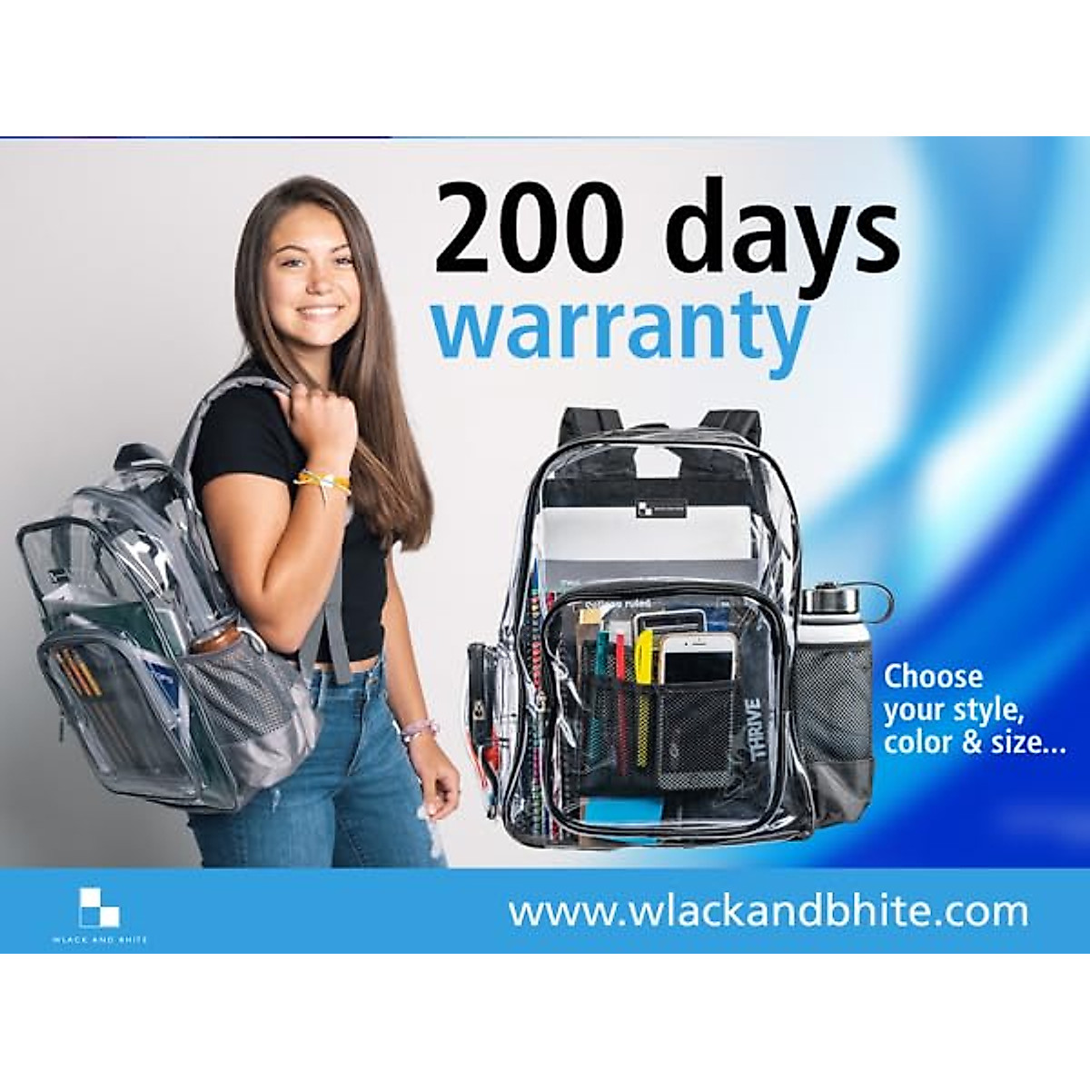 Heavy Duty Clear Backpack with Mesh Organizer, Clear Bookbag (Large, Black)