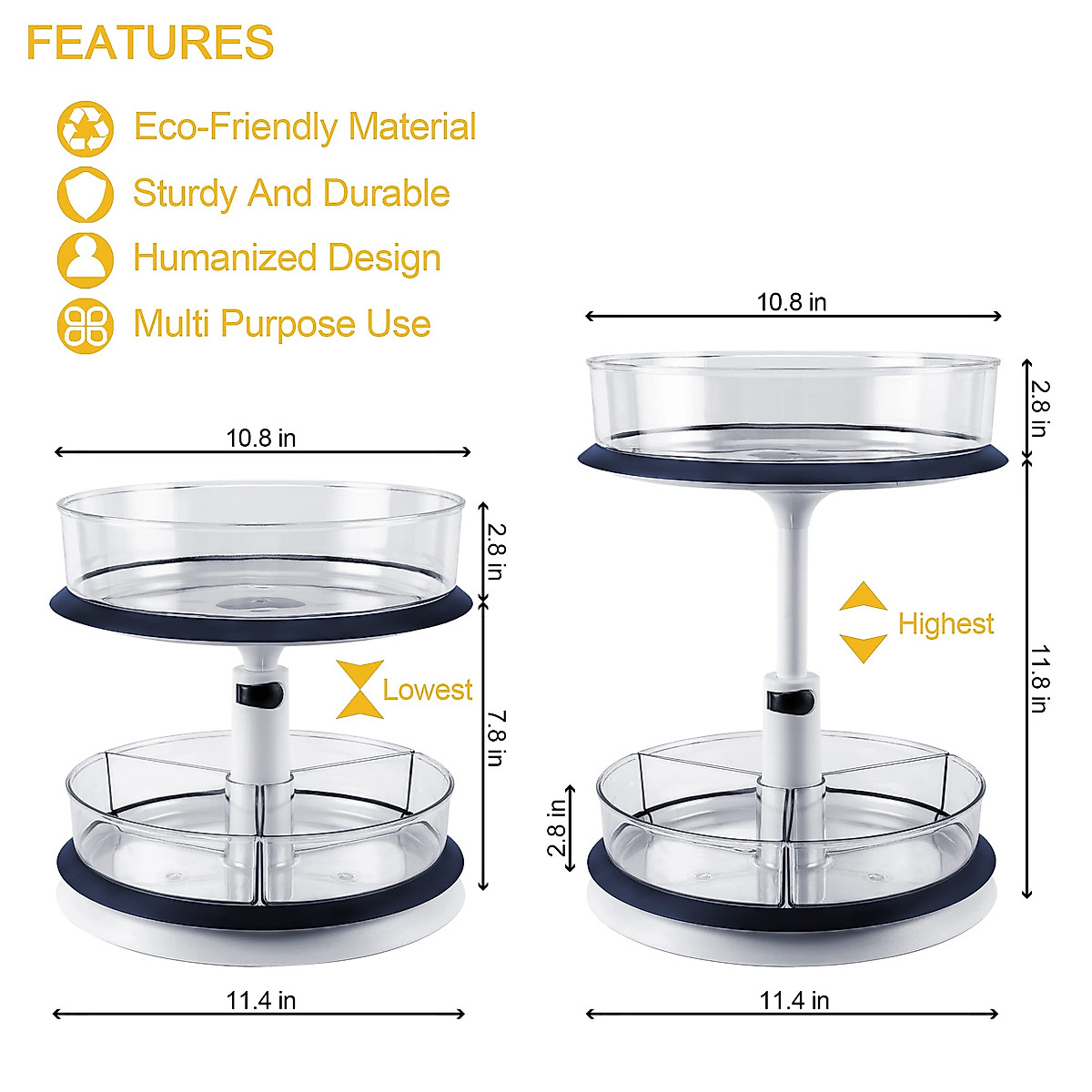 2 Tier Lazy Susan Turntable Organizer, 11 Inches Height Adjustable Spice Rack for Kitchen Cabinet, Countertop, Bathroom, Makeup, Pantry Organization and Storage with 4 Removable Bins