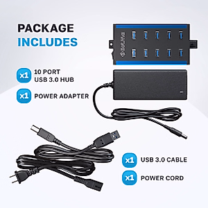 USB 3.0 Powered Hub - Multi-safety 10-Port Hub 3.0 with Adapter - Aluminum USB Splitter with Mounting Brackets - Extra USB Ports for Laptops & PC