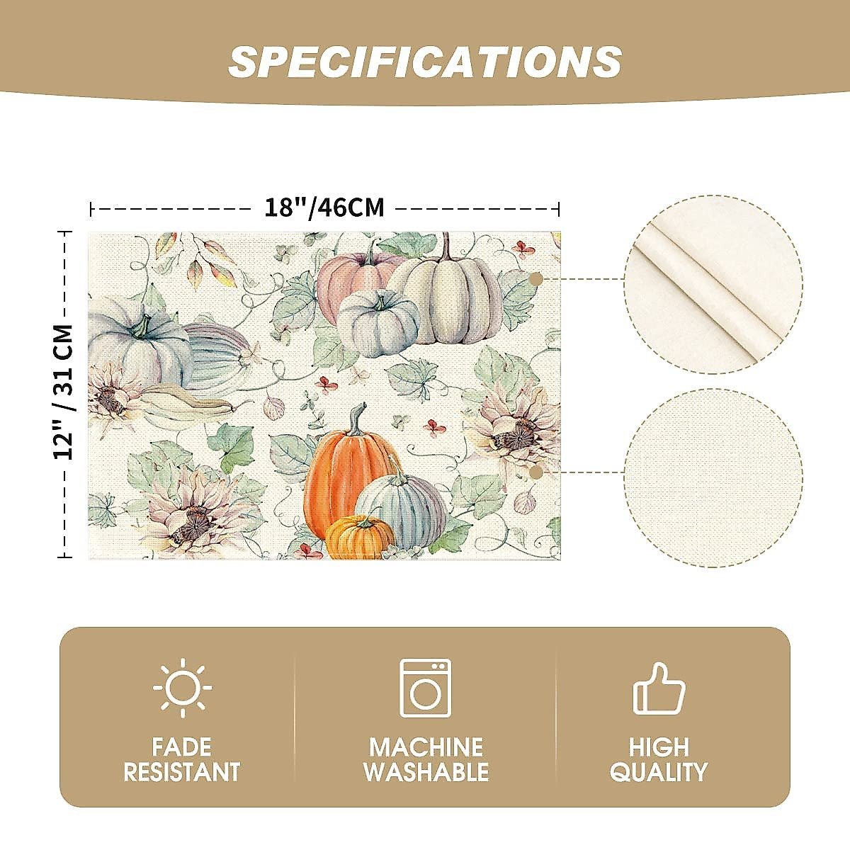 Artoid Mode Pumpkins Leaves Floral Fall Placemats Set of 4, 12x18 Inch Seasonal Autumn Thanksgiving Table Mats for Party Kitchen Dining Decoration