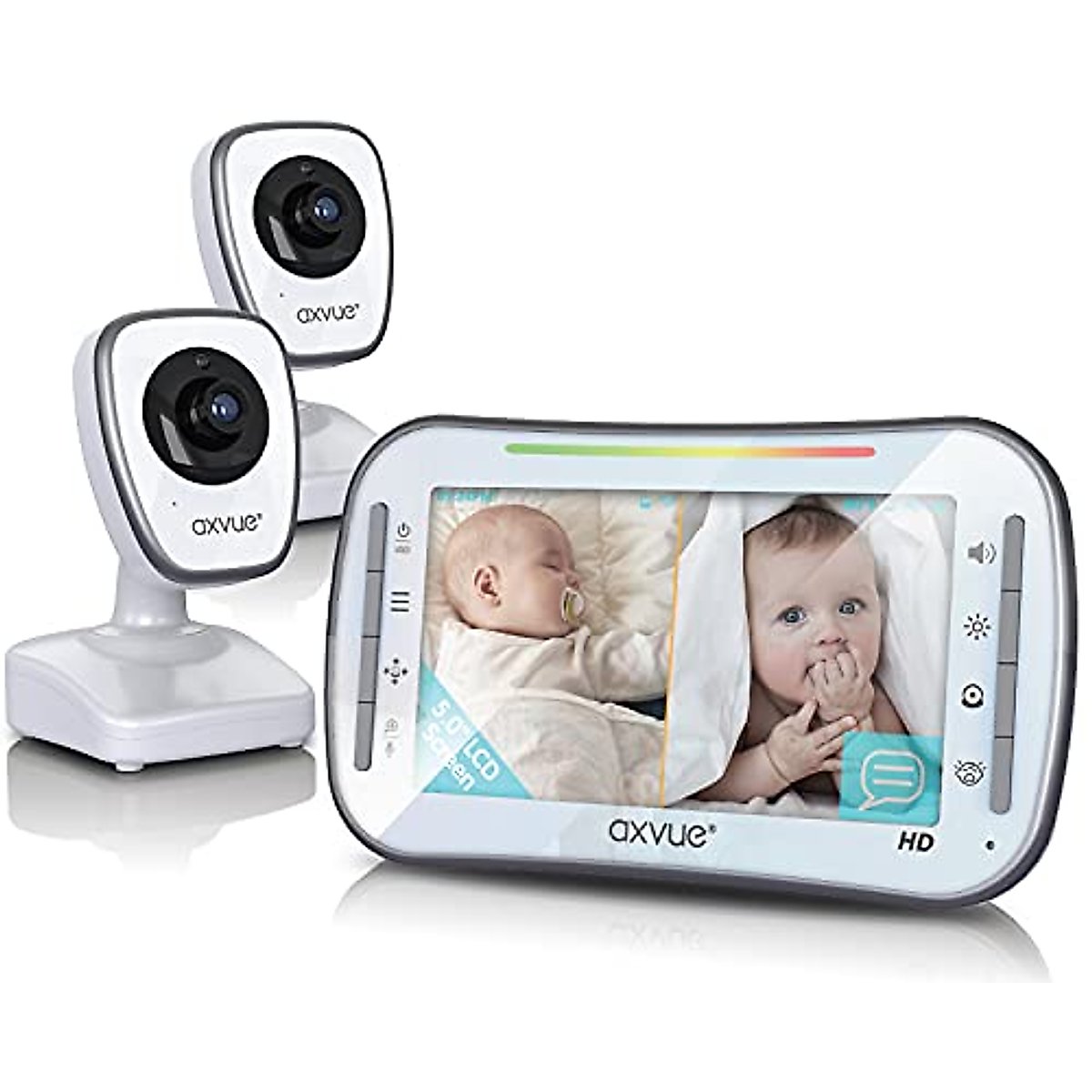 Axvue HD Video Baby Monitor, 720P HD Image Quality, 5.0" IPS Screen Monitor & 2 Camera, Range up to 1000ft, 24 Hour Battery Life, 2-Way Talk, Split Screen, Night Vision, Temperature Monitor, No WiFi.