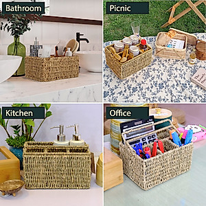 MadeTerra Wicker Utensil Caddy Carrier | Seagrass Woven Divided Cutlery Holder for Table - Kitchen Set Counter Top Organizer - Hold Silverware, Forks, Knives, Spoons, Napkins (Seagrass)