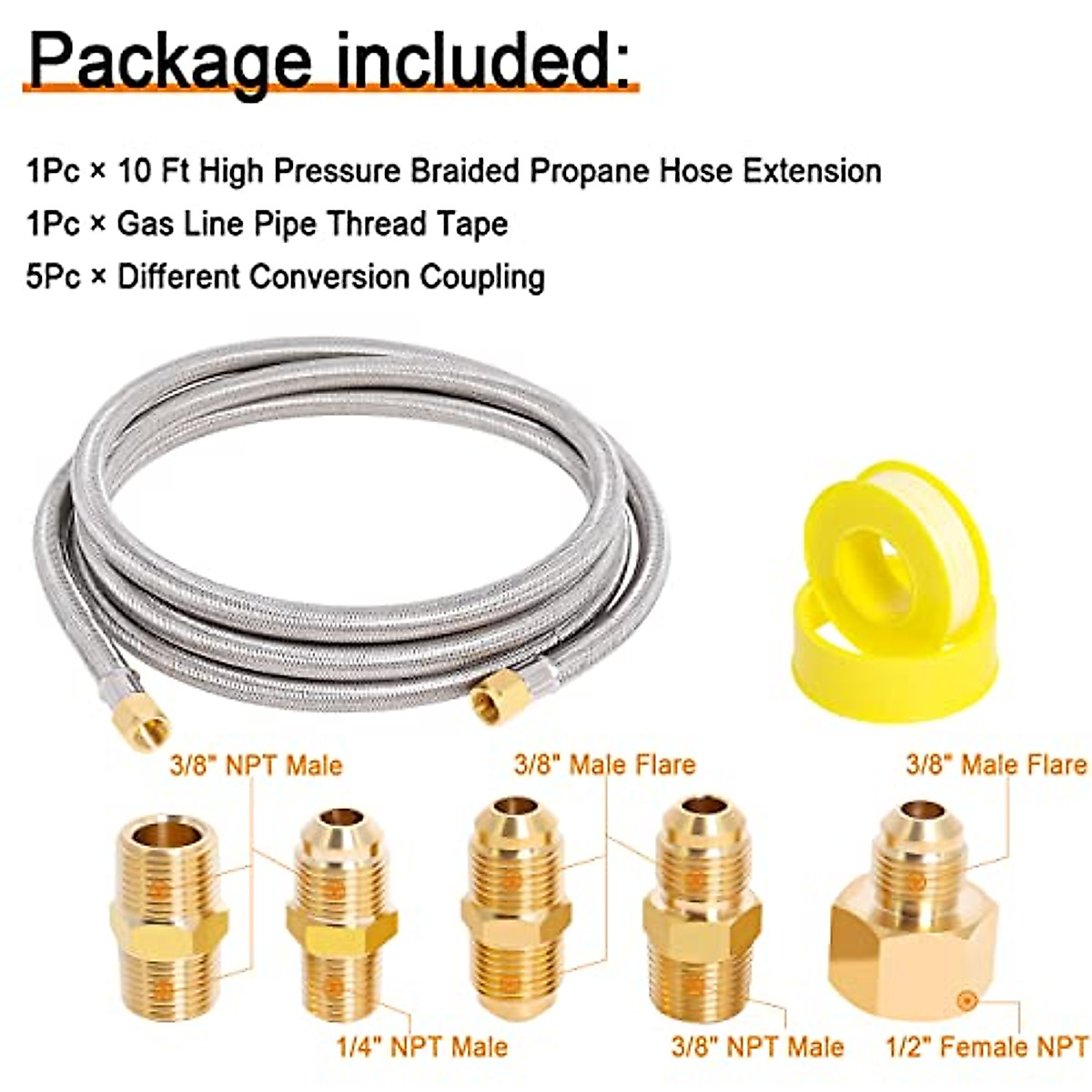 Propane Hose Extension Stainless Steel 10 Feet,3/8" Female Flare Includes 5 Conversion Coupling and Thread Tape,for RV, BBQ Grill, Propane Tank, Heater Braided Propane Gas Line