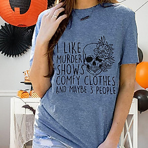 Women Horror Friends T Shirt Maybe 3 People Novelty Printed Short Sleeve I Like Murder Shows Graphic Classic Casual Party Comfy Clothes,Ink Blue XXL