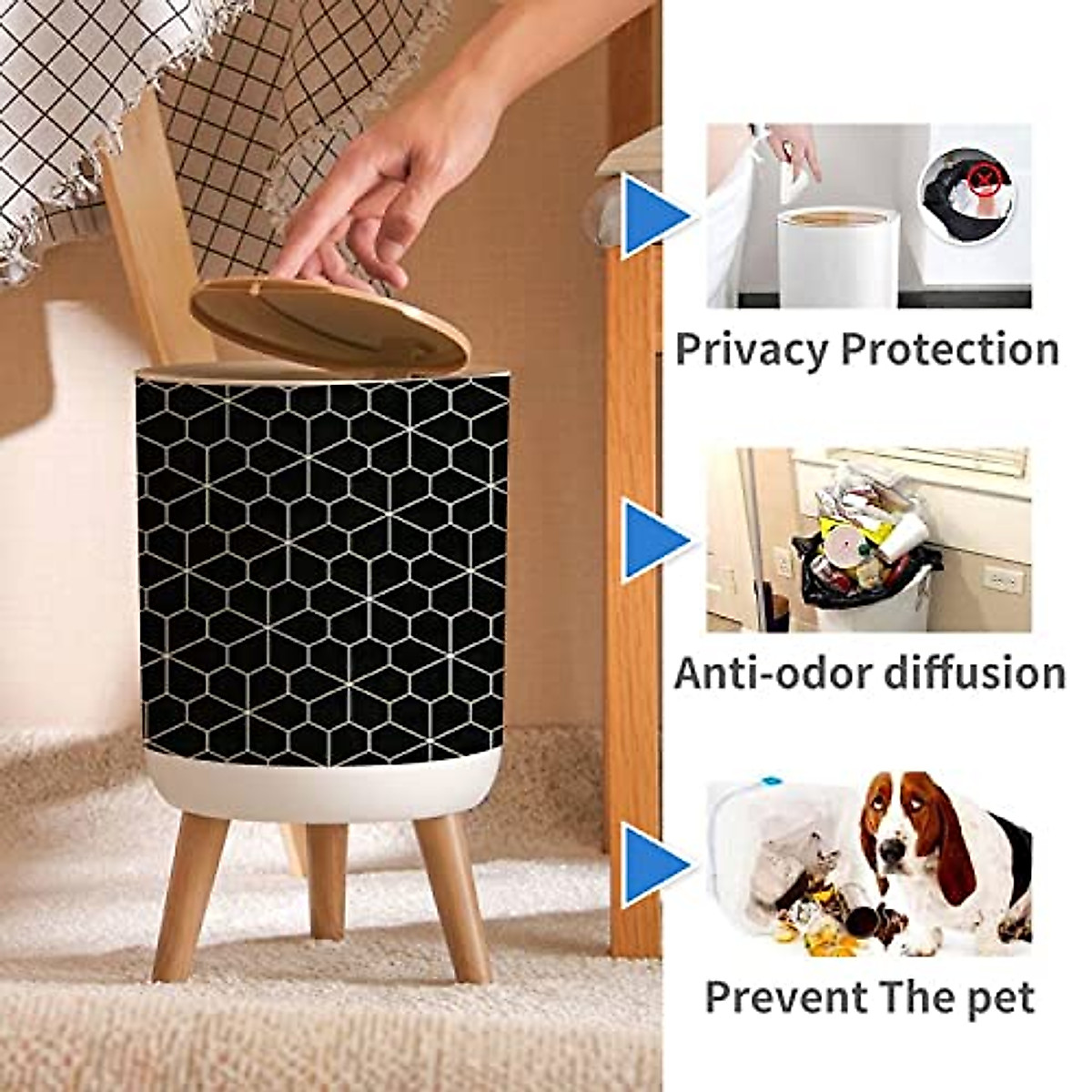 LOPYEIJFG Modern Seamless Geometry Flower Black White Abstract Geometric Print Trash Can with Lid Kitchen Bathroom Bedroom 1.8 Gallon Press Cover Wastebasket Office Wood Small Garbage Bin Waste Bin