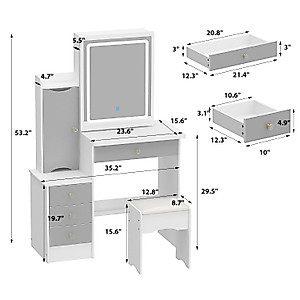 ROMSHINE Small Vanity Desk with Sliding Lighted Mirror, Makeup Desk Vanity with Stool, 3 Colors LED Mirror Vanity with 4 Drawers & Open/Hidden Shelves, Bedroom Space-Saving, White & Grey