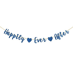 Halodete Happily Ever After Banner, Mr & Mrs Wedding Banner, Bridal Shower, Engagement, Bachelorette Party Garland Bunting Decorations - Blue Glitter