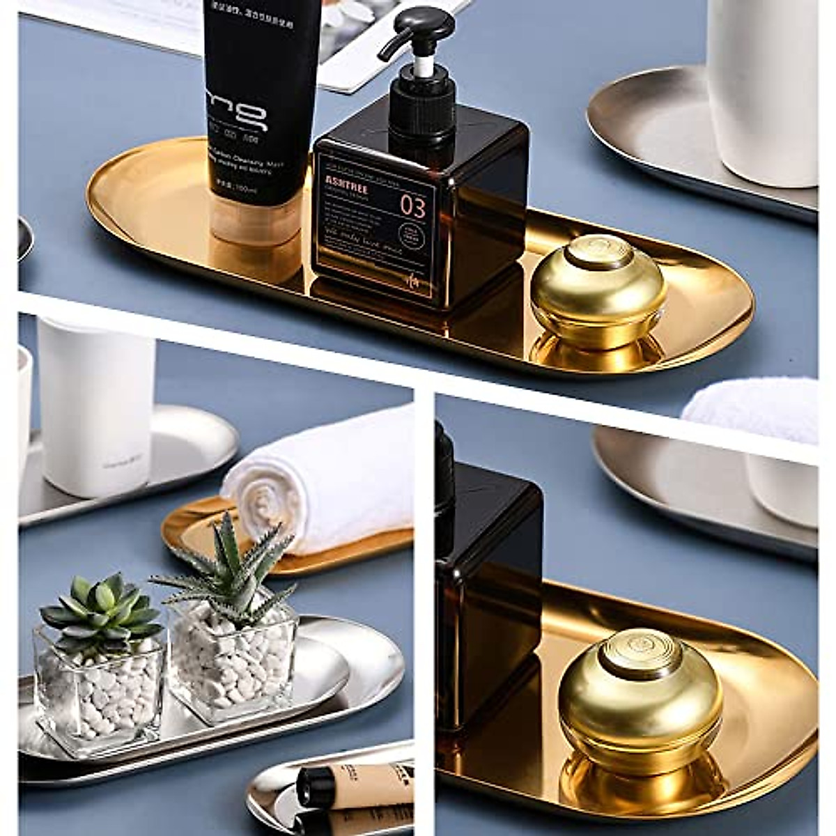 JKanruh 4 Pack Gold Stainless Steel Towel Tray,Storage Tray,Tea Tray Fruit Trays,Decorative Tray,Jewelry Dish Cosmetics Organizer(Oval,Heart-Shaped,Round)