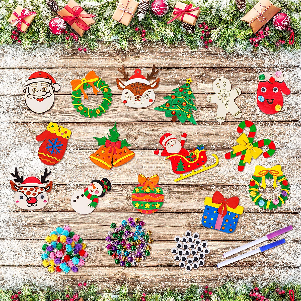 MGparty 60Pcs DIY Wood Slices, Wooden Christmas Ornaments Bulk for Crafts, Unfinished Paintable Wooden Hanging Decorations, Wood Kit for Crafts with 12 Coloured Pens and 60 Jingle Bells