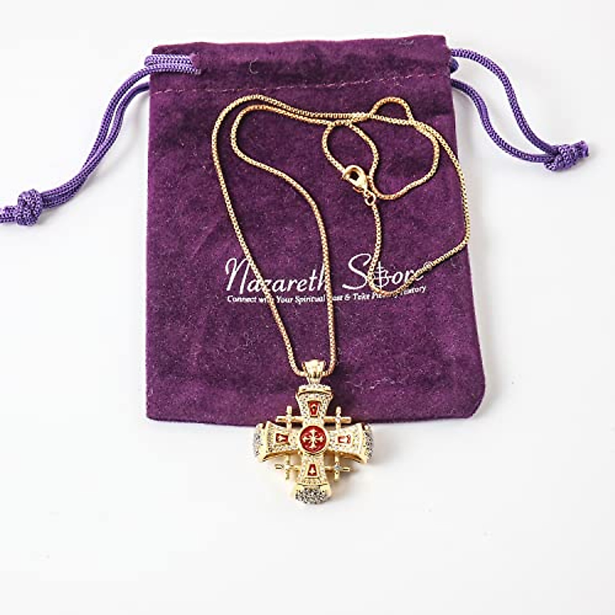 Nazareth Store Crusaders Jerusalem Cross Pendant Necklace Gold Plating 18k Enamel Crystallized Stones 1.3" (Red)