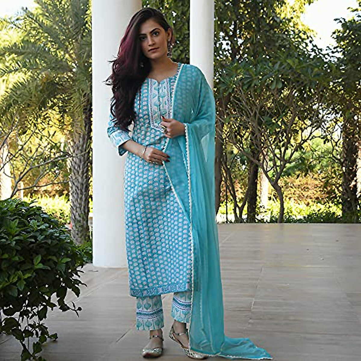 Arayna Women's Cotton Printed Straight Kurti Palazzo Pants Set With Dupatta, Blue, XX-Large