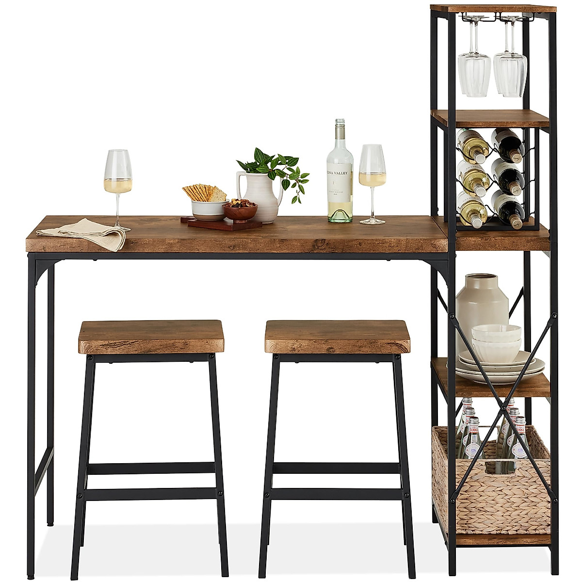 Best Choice Products 3-Piece Counter Height Dining Set, Desk, Bar, Kitchen Island Table w/ 2 Stools, Wine Rack & Storage Shelves - Brown