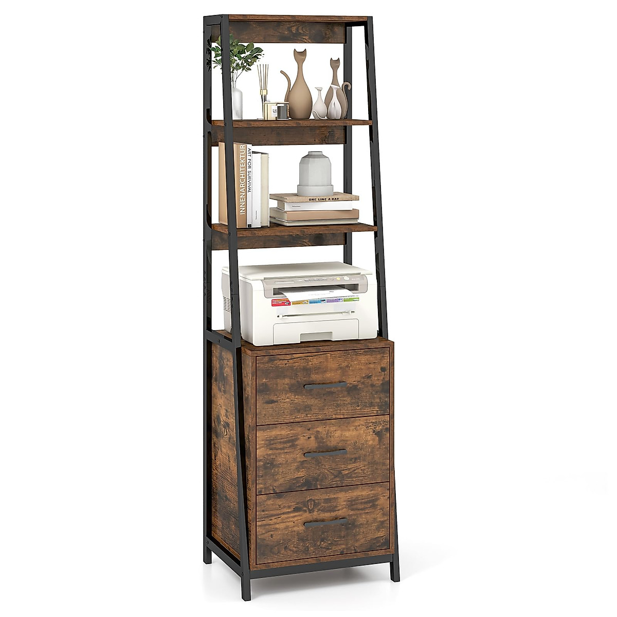 Giantex Ladder Bookshelf with Drawers, 69" Tall Wooden Bookcase with 4 Shelves, Modern Book Shelf Storage Organizer Unit, Freestanding Display Shelving Rack for Living Room, Bedroom (Rustic Brown)