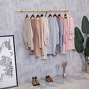 MDEPYCO Industrial Pipe Wall Mounted Towel Clothing Hanging Shelves System,Vintage Laundry Room Storage Rod,Metal Garment Rack for Clothes Retail Display Stand (59" L x 11.8" D, Gold)