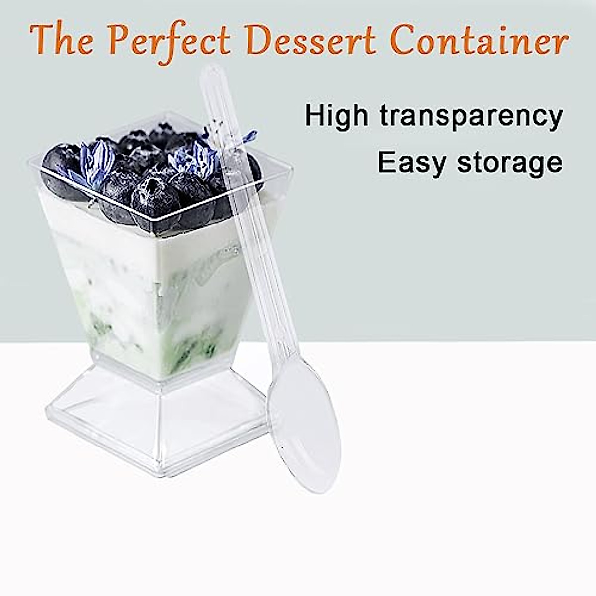 BEGA HOME Dessert Cups - 5oz 50 Cups, 50 Lids and 50 Spoons - Great for Parfaits, Pudding, Yogurt, & Mini Treats - Small Clear Plastic Cups, Yogurt Parfait Cups with Lids & Spoons