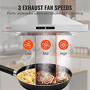 VBENLEM Wall Mount Range Hood, Ductless Chimney-Style Kitchen Stove Vent, Stainless Steel Permanent Filter with 3-Speed Exhaust Fan, 2 Baffle Filters, LED Lights, Touch Control Panel (30 inch)
