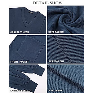 BTFBM Women Casual V Neck Ribbed Knitted Shirts Tunic Tops Loose Balloon Sleeve Solid Pullover Blouses Top with Pocket(Solid Black, Large)