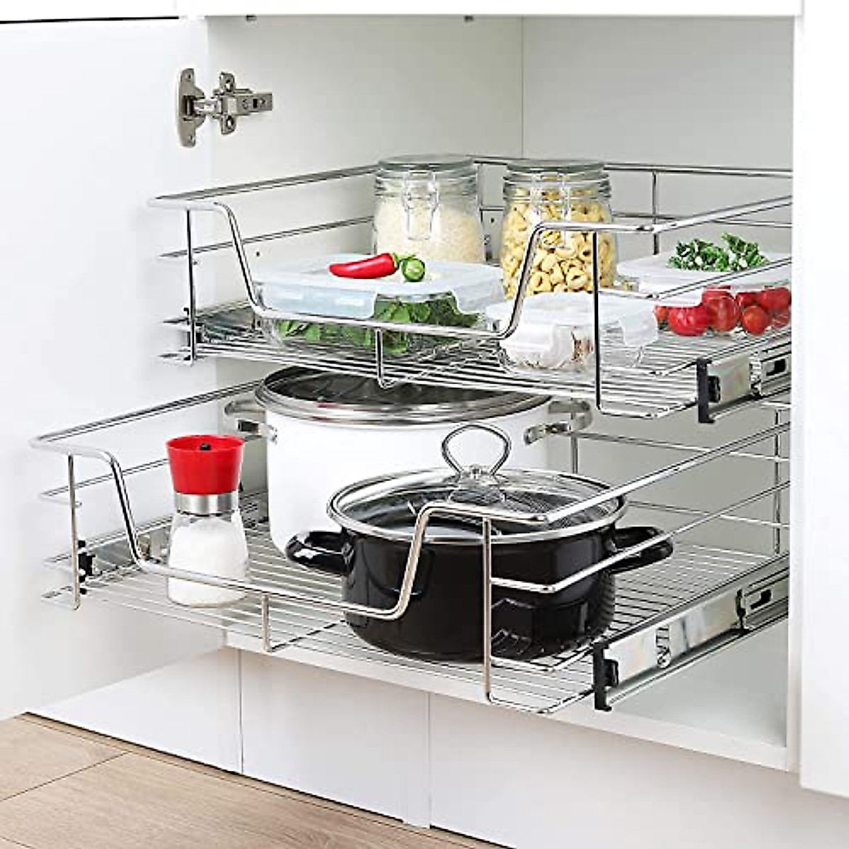 MYOYAY 2Pcs Pull Out Cabinet Organizer Bowls Dishes Storage Shelf Extendable Sliding Kitchen Drawer Heavy Duty Seasoning Cutlery Cookware Storing Basket Home Dining Organization