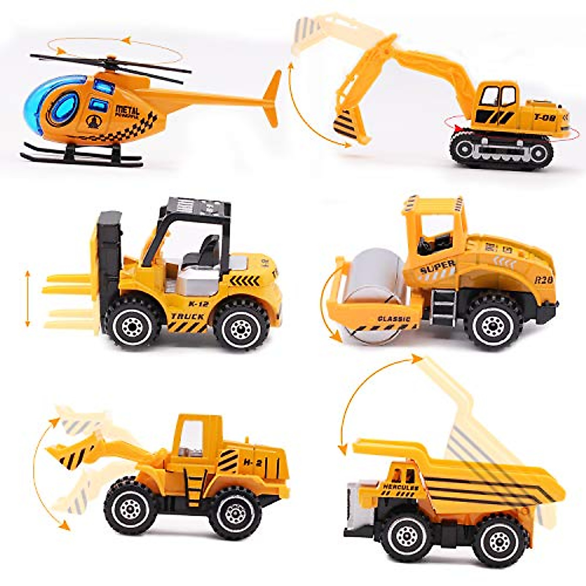 Childom Engineering Vehicle Toys Set Alloy Construction Big Forklift,Single Drum Roller,Stacker/Crane,Helicopter,Excavator,Heavy Duty Truck Mini Toy Set for Kids Boys Girl