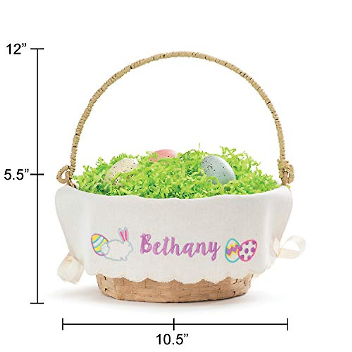 Bunny and Eggs Personalized Easter Egg Basket with Handle and Custom Name | Scallop Edge Linen Easter Basket Liners | Tan Basket | Woven Easter Baskets for Kids | Customized Easter Basket