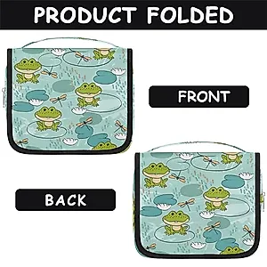 POFATO Frog Dragonfly Lotus Leaf Travel Toiletry Bag Cosmetic Makeup Bag for Women Men Hanging Hook Wash Toiletries Portable Toiletry Bags Organizer