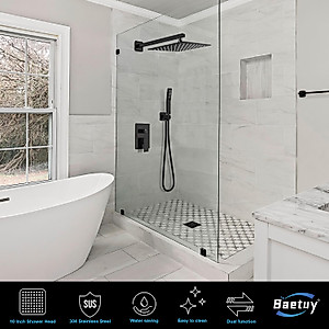 Baetuy Black Shower Faucet Set, Rainfall Shower System with Rain Shower Head and Handle Set, Wall Mounted Shower Fixtures With Shower Valve and Trim Kit 10 inch Matte Black