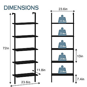 aboxoo Ladder Shelf 2PCS Open Bookshelf 5-Tier Wood Wall-Mounted Black Bookcase Storage Rack Open Industrial Modern Plant Stand Utility Organizer Bookcase Metal Frame Furniture Office Kitchen Bedroom