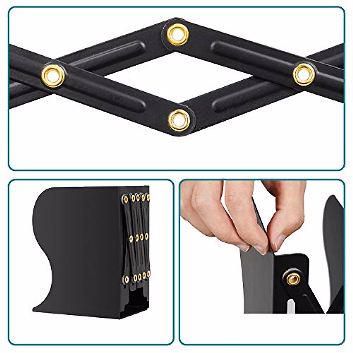 Adjustable Metal Iron Bookends Books Holder Stand Desk Bookend, Black Bookend Supports, Nonskid Bookends for Shelves, Office and Home, Black