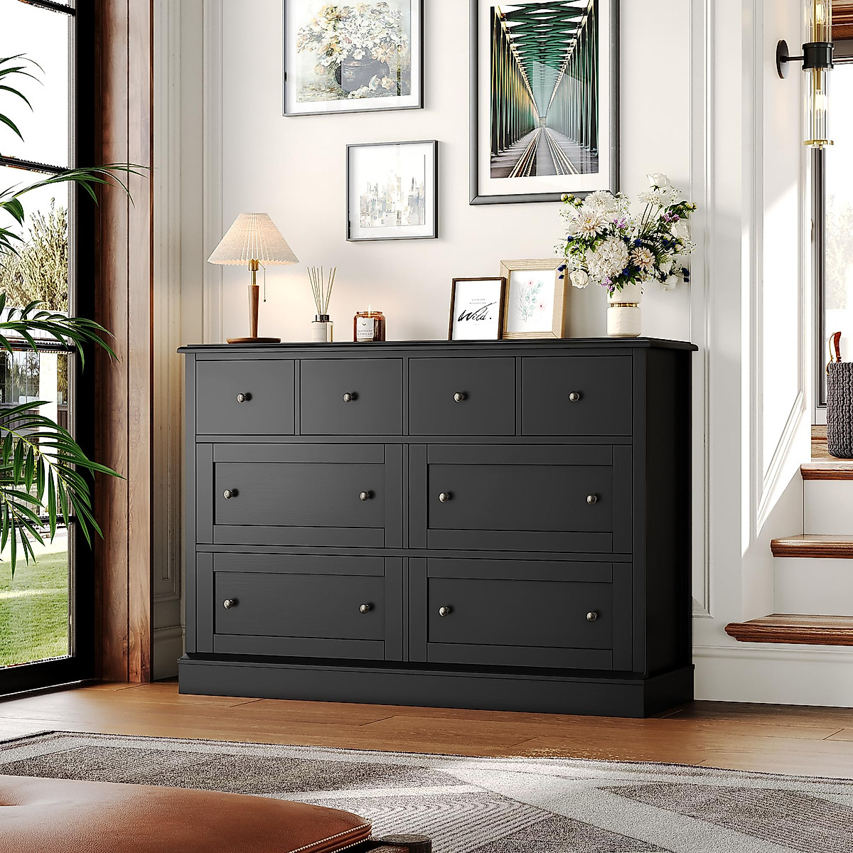 finetones White Dresser 8 Drawer Dresser, 47.2" White Chest of Drawers Nursery Dresser with Large Storage, Wood Dresser with Deep Drawers, Long Dressers & Chests of Drawers for Home Office