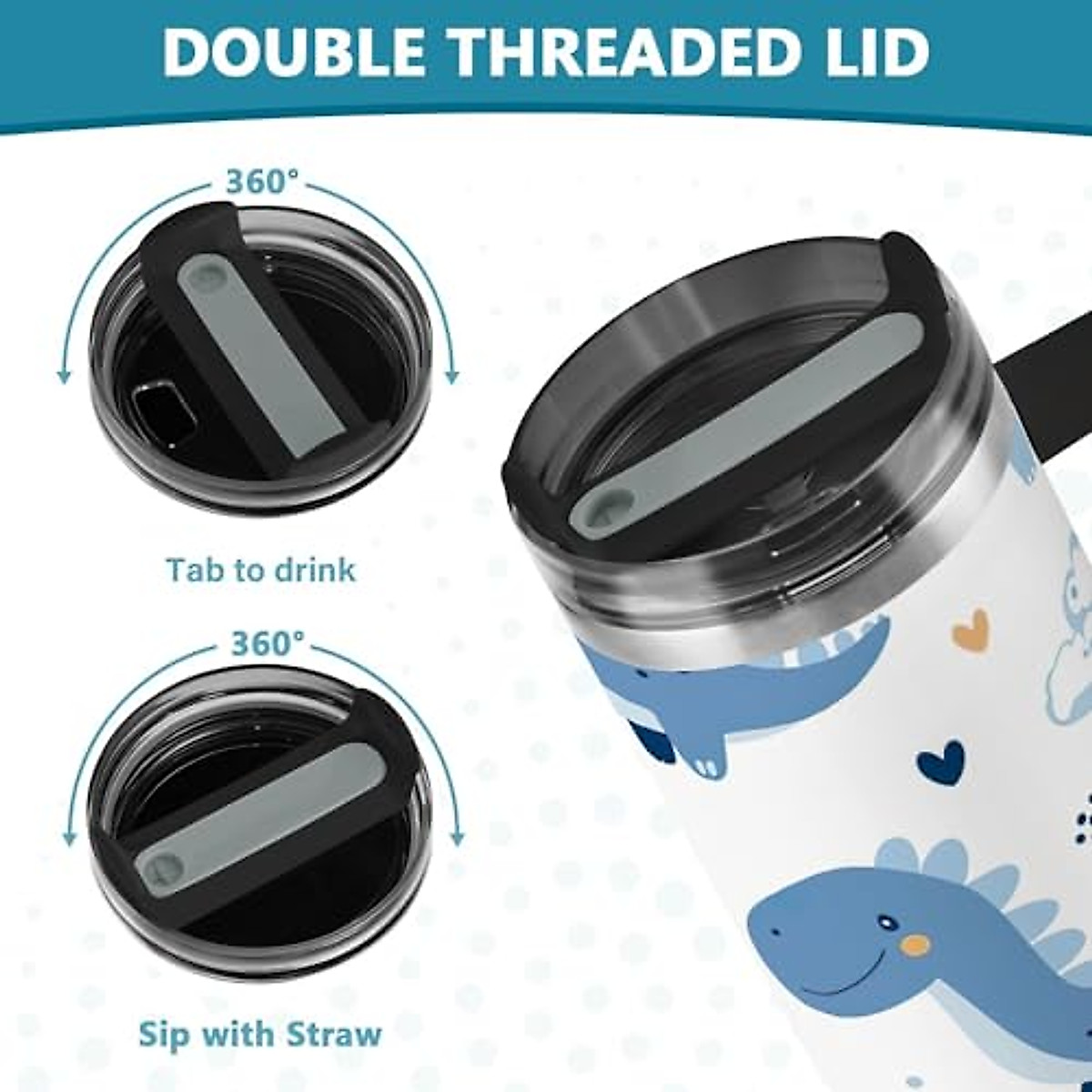 FRCSDIY Cartoon Dinosaur Insulated Tumbler with Handle and Straw Lid,40oz Leakproof Stainless Steel Cup BPA-Free Water Bottle