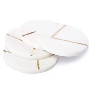 Hand Carved Natural White Marble Coasters - Set of 4 Half Mango Wood or Half Brass - Round Marble Coasters Set for Drinks. Brass/Wood & Marble Home Decor - Marble Coaster Set (Marble & Brass)