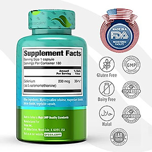 ORZAX Selenium, Helps Antioxidant & Immune Support System, Selenomethionine 200mcg, Thyroid Support* for Women and Men, Yeast and Dairy Free, 180 Vegetable Capsules (180 Day Supply)