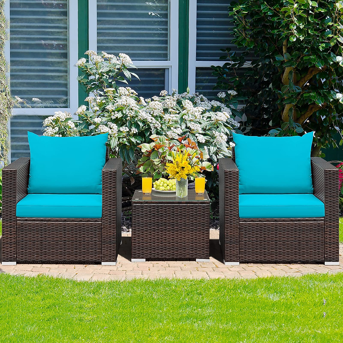 HAPPYGRILL 3 Pieces Patio Furniture Set PE Rattan Wicker Sofa Set with Cushions and Coffee Table Outdoor Patio Conversation Set for Garden Poolside Balcony