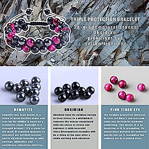 OAHERAS Beaded Bracelets for Women Triple Protection Spiritual Healing Natural Pink Tiger Eye Black Obsidian and Hematite 8mm Stone Bead Energy Crystal Bracelet - Bring Good Luck and Happiness