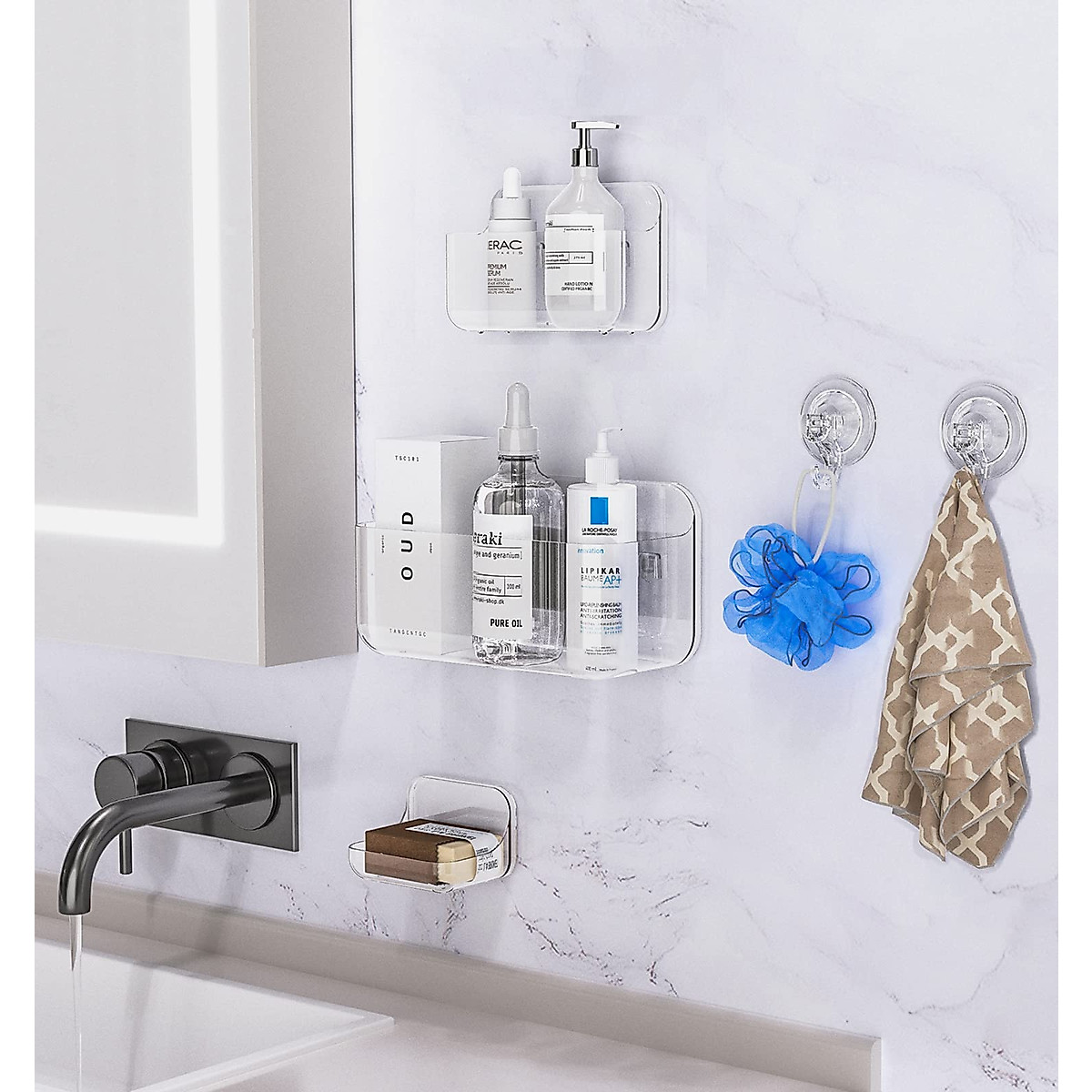 JNDETOP Shower Shelves, 5 Pack Adhesive Clear Acrylic Bathroom Shower Organizer Caddy, Transparent No Drilling Wall Mount Shower Storage with Soap Holder and Hooks