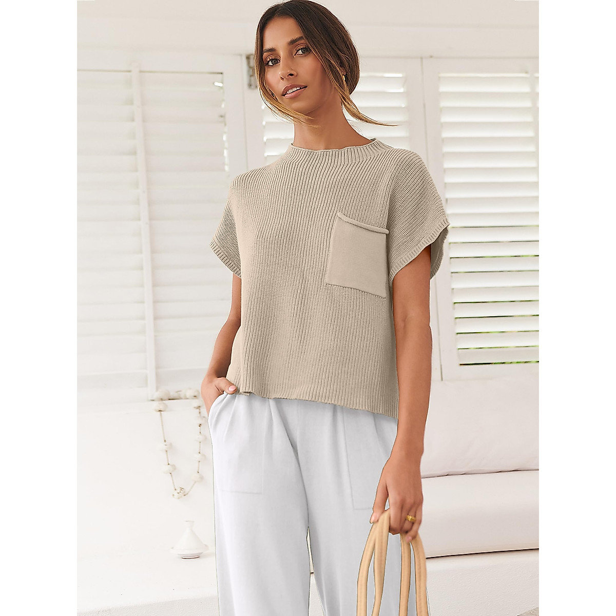 ANRABESS Women's Two Piece Outfits Knit Sweater Vest Crop Top Pants Lounge Matching Tracksuit Sweatsuit Travel Clothes Sets Khaki White Small