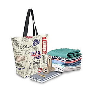 ALAZA Newspaper British Flag Retro Canvas Tote Bag for womenLarge Women Casual Shoulder Bag Handbag,Shopping Grocery Cotton Bag Reusable,Multipurpose,Heavy Duty For Outdoors Weekender Travel