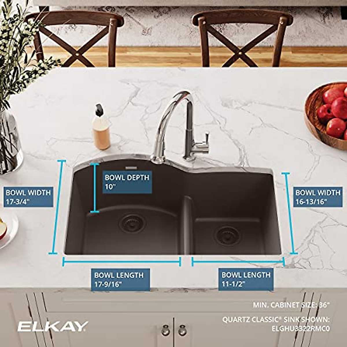 Elkay Quartz Classic ELGHU3322RMC0 Mocha Offset 60/40 Double Bowl Undermount Sink with Aqua Divide