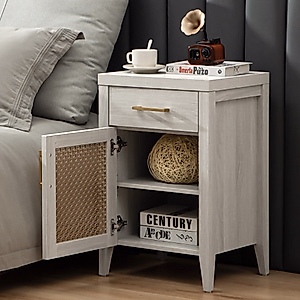 SICOTAS Tall Nightstands with Drawer, Modern Farmhouse Night Stand Wood Bedside Tables with Gold Mesh Door Adjustable Storage Shelf, Side End Table for Bedroom Living Room, Whitish-Gray Oak