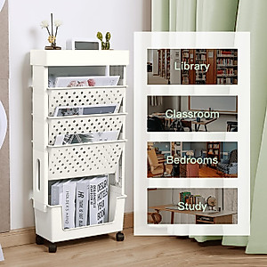 5-Tier Plastic Mobile Bookshelf with Wheels, Desk Organizer Document Folder File Storage with Pen Holder,Rolling Book Cart Movable Bookshelf for Office, Dorm, Classroom,Library, Living Room (White)