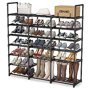 7 Tiers Large Shoe Rack, 38-42 Pairs Large Metal Boot Shelf 3 Rows Shoe Organizer Stackable Shoe Storage Cabinet Top with Waterproof PP Plastic Sheet Space Saving for Entryway Room Organization