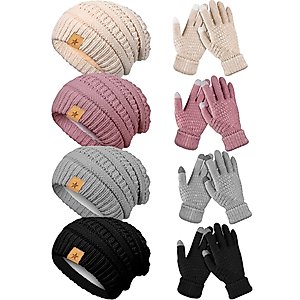JaGely 8 Pieces Winter Hats and Gloves Set Women Warm Gloves Touchscreen Knitted Lined Gloves Winter Beanies for Women (Black, Gray, Pink, Beige)