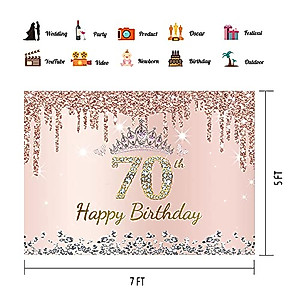 PHMOJEN 70th Birthday Backdrop for Women Pink Rose Gold Glitter Silver Diamonds 70 Year Old Birthday Party Decoration Photo Backdrop Happy 70 Bday Poster Vinyl 7x5ft Photo Booth Props BJGJPH44