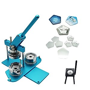 ChiButtons (KIT) Pentagonal 58x60mm Pro Badge Machine Button Maker-B400 + Mould + 100 Parts + Black Stand Cutter Metric System (Blue)
