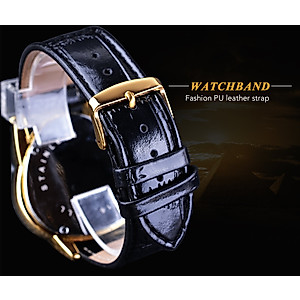 Winner Fashion Mechanical Wrist Watch Triangle Racing Dial, Waterproof Golden Skeleton Dial Automatic Movement Leather Design Mechanical Watch for Men